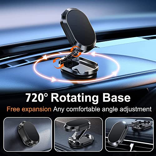 Ylahdent 2023 New Alloy Folding Magnetic Car Phone Holder, 360° Adjustable - 6 Strong Magnet Magnetic Car Phone Mount Dashboard Folding Bracket Universal (Black)