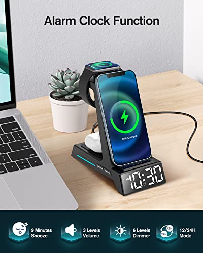 Wireless Charging Station,4 in 1 Fast Charging Station with Alarm Clock,Wireless Charger for iPhone 13/12/11/Pro/Max/XR/XS/X/8 Plus/Samsung, for AirPods Pro/3/2,Apple Watch 7/6/5/SE/4/3/2,with Adapter