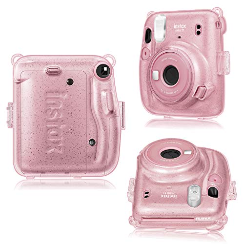 Fintie Protective Clear Case for Fujifilm Instax Mini 11 Instant Film Camera - Crystal Hard Shell Cover with Removable Rainbow Shoulder Strap, Glittering Pink