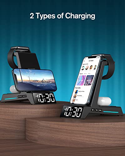Wireless Charging Station,4 in 1 Fast Charging Station with Alarm Clock,Wireless Charger for iPhone 13/12/11/Pro/Max/XR/XS/X/8 Plus/Samsung, for AirPods Pro/3/2,Apple Watch 7/6/5/SE/4/3/2,with Adapter