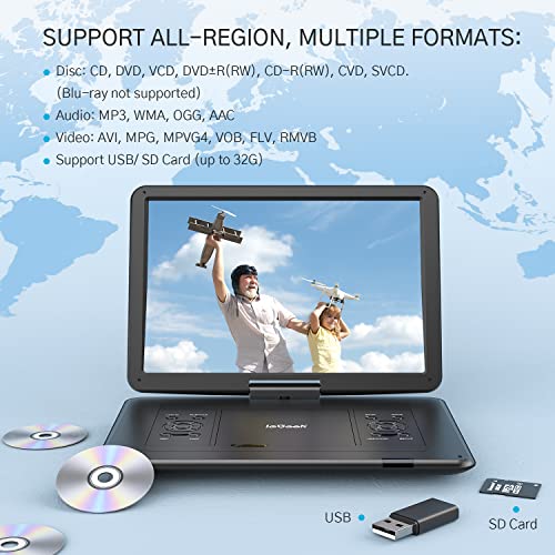 ieGeek 17.5" Portable DVD Player with 15.6" Swivel HD Large Screen, 6 Hrs 5000mAH Rechargeable Battery, High Volume Speaker, Support USB/SD Card/Sync TV, Car Charger, Remote Control, Region-Free
