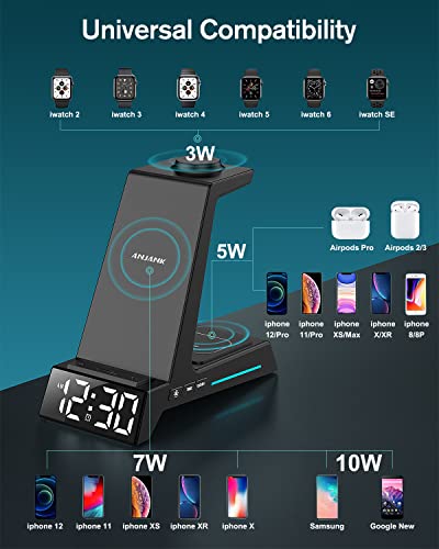 Wireless Charging Station,4 in 1 Fast Charging Station with Alarm Clock,Wireless Charger for iPhone 13/12/11/Pro/Max/XR/XS/X/8 Plus/Samsung, for AirPods Pro/3/2,Apple Watch 7/6/5/SE/4/3/2,with Adapter