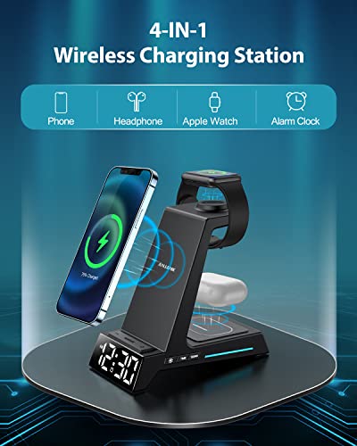 Wireless Charging Station,4 in 1 Fast Charging Station with Alarm Clock,Wireless Charger for iPhone 13/12/11/Pro/Max/XR/XS/X/8 Plus/Samsung, for AirPods Pro/3/2,Apple Watch 7/6/5/SE/4/3/2,with Adapter
