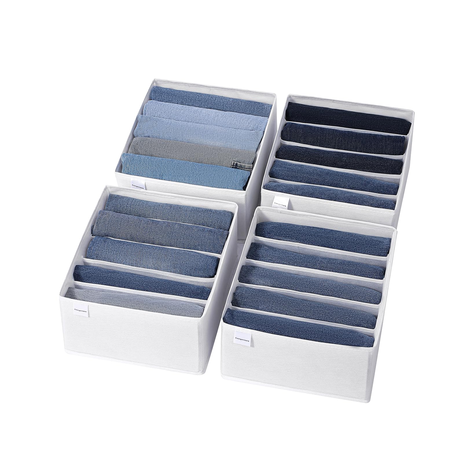 Coorganisers 4 Packs Jeans Drawer Organizers for Clothing,5 Grids Compartment Wardrobe clothes organizer,Fabric Washable Closet Organizers and Storage Bins for Jeans,Pants,Bra,Legging,t-shirt-White