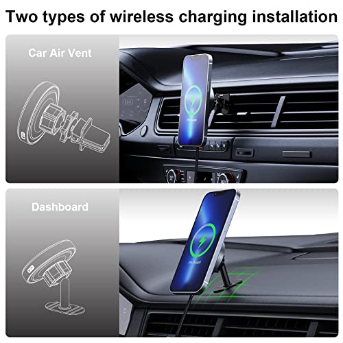 COSDIG Magnetic Wireless Car Charger Mount,Compatible with Magsafe Car Charger Mount,Stick on Dashboard Air Vent Phone Holder for iPhone 14/13/12 Series Phone & MagSafe Case