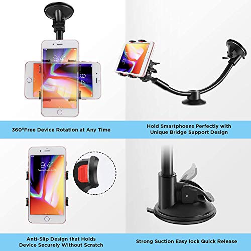 IPOW Upgraded Truck Phone Mount Holder Universal 11 Inches Long Arm Windshield Dashboard Car Mount Cradle with Adjustable X Clamp&Ultra Dashboard Base for Smartphones
