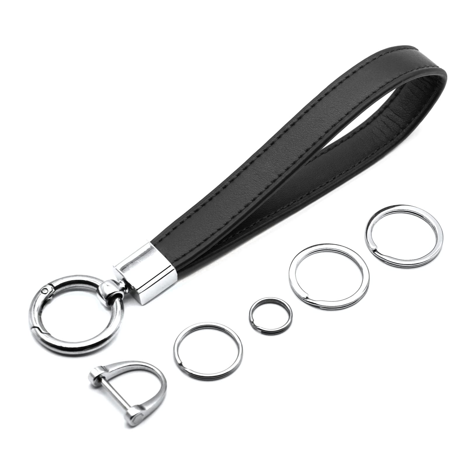 MECHCOS Car Key Fob Keychain Holder Genuine Leather Wristlet Loop Key Chain Circle Carabiner Clip for Men and Women with Anti-Lost D Ring, Screwdriver, 4 Key Rings, 360 Degree Rotatable, Black