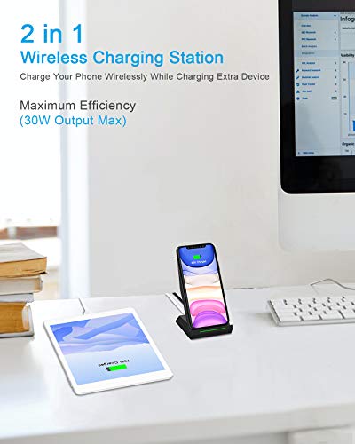 NANAMI 30W Max Wireless Charger, Qi Certified Fast Charging Stand With USB-A Port,Compatible iPhone 14/13/12/11 Pro/XS Max/XR, Galaxy S23/S22/S21/S20/S10/S9,Note 20/10/9(with PD Adapter Phone Charger)