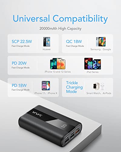 Small Power Bank 20000mAh, VRURC 22.5W PD & QC 3.0 Fast Charging USB C Portable Charger, 4 Output 3 Input Compact Battery Pack, LED Display External Phone Battery Compatible with Smart Devices