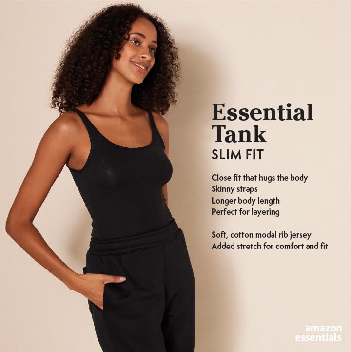 Amazon Essentials Women's Slim-Fit Thin Strap Tank Top, Pack of 2, Black/White, Large