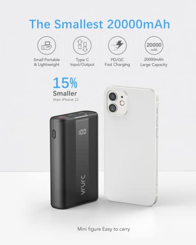 Small Power Bank 20000mAh, VRURC 22.5W PD & QC 3.0 Fast Charging USB C Portable Charger, 4 Output 3 Input Compact Battery Pack, LED Display External Phone Battery Compatible with Smart Devices