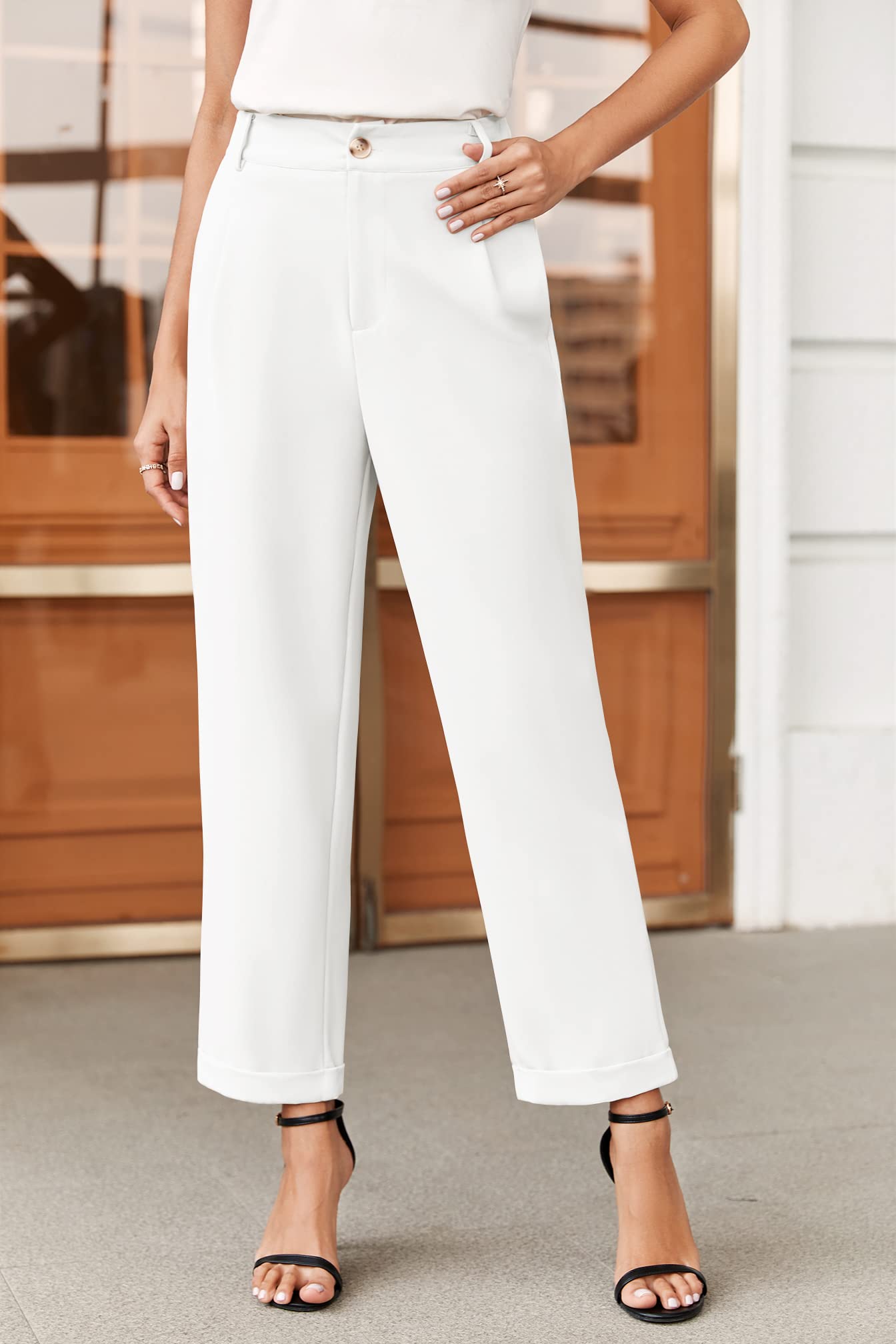 Febriajuce Women's High Elastic Waisted Dress Pants Button Down Pleated Work Pants Straight Leg Ankle Pants Office Trousers White