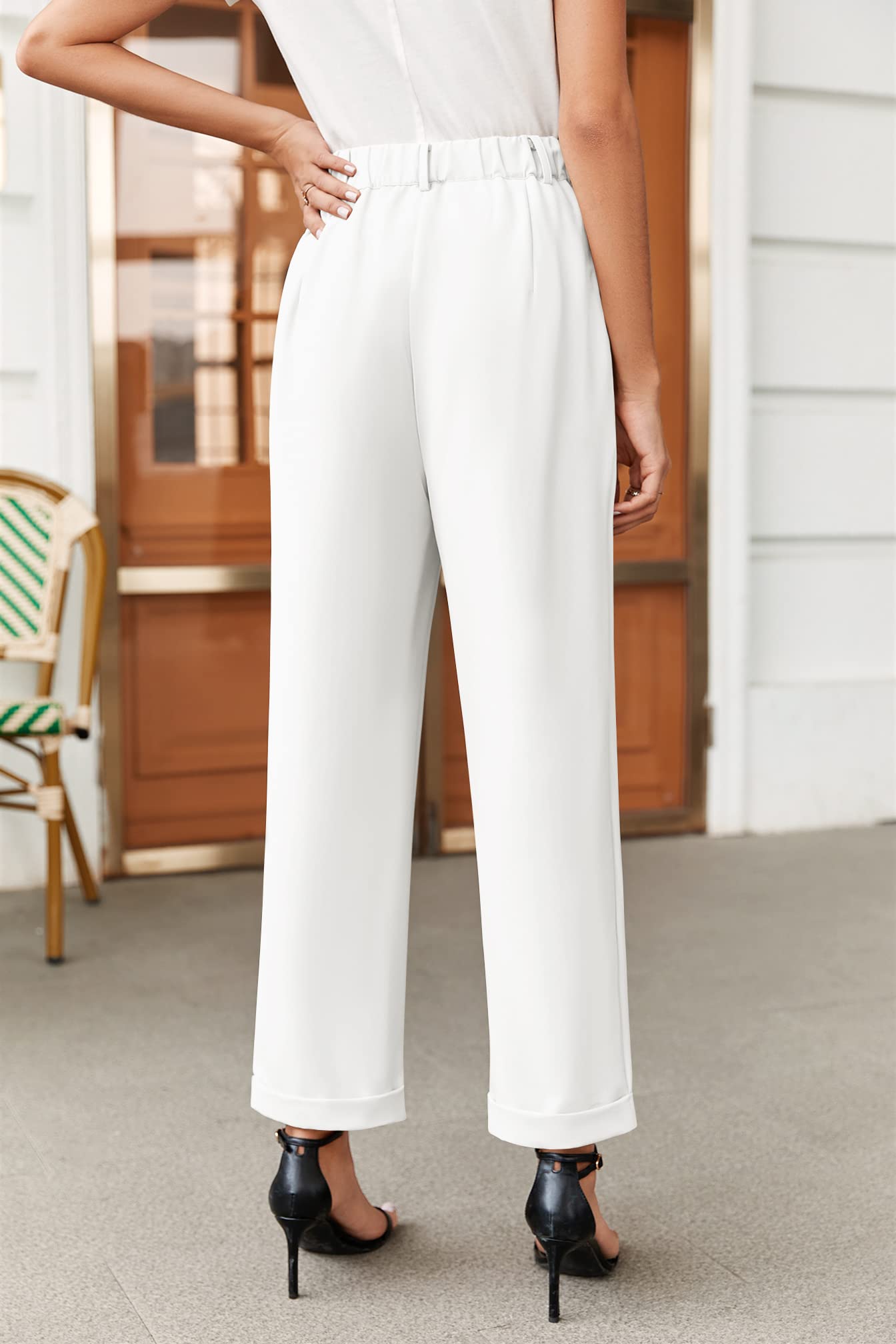 Febriajuce Women's High Elastic Waisted Dress Pants Button Down Pleated Work Pants Straight Leg Ankle Pants Office Trousers White