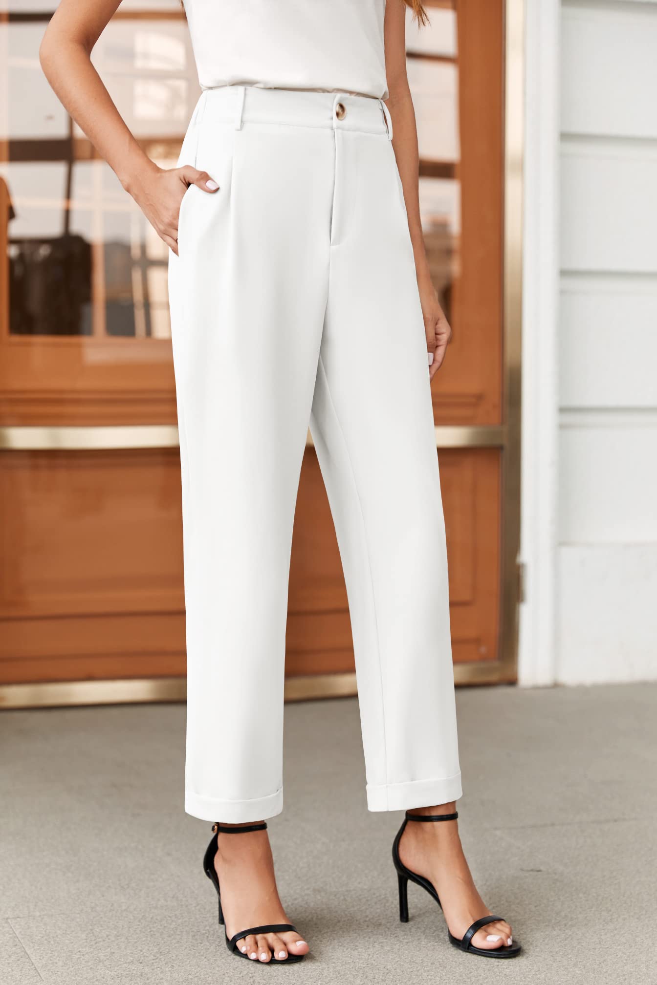 Febriajuce Women's High Elastic Waisted Dress Pants Button Down Pleated Work Pants Straight Leg Ankle Pants Office Trousers White