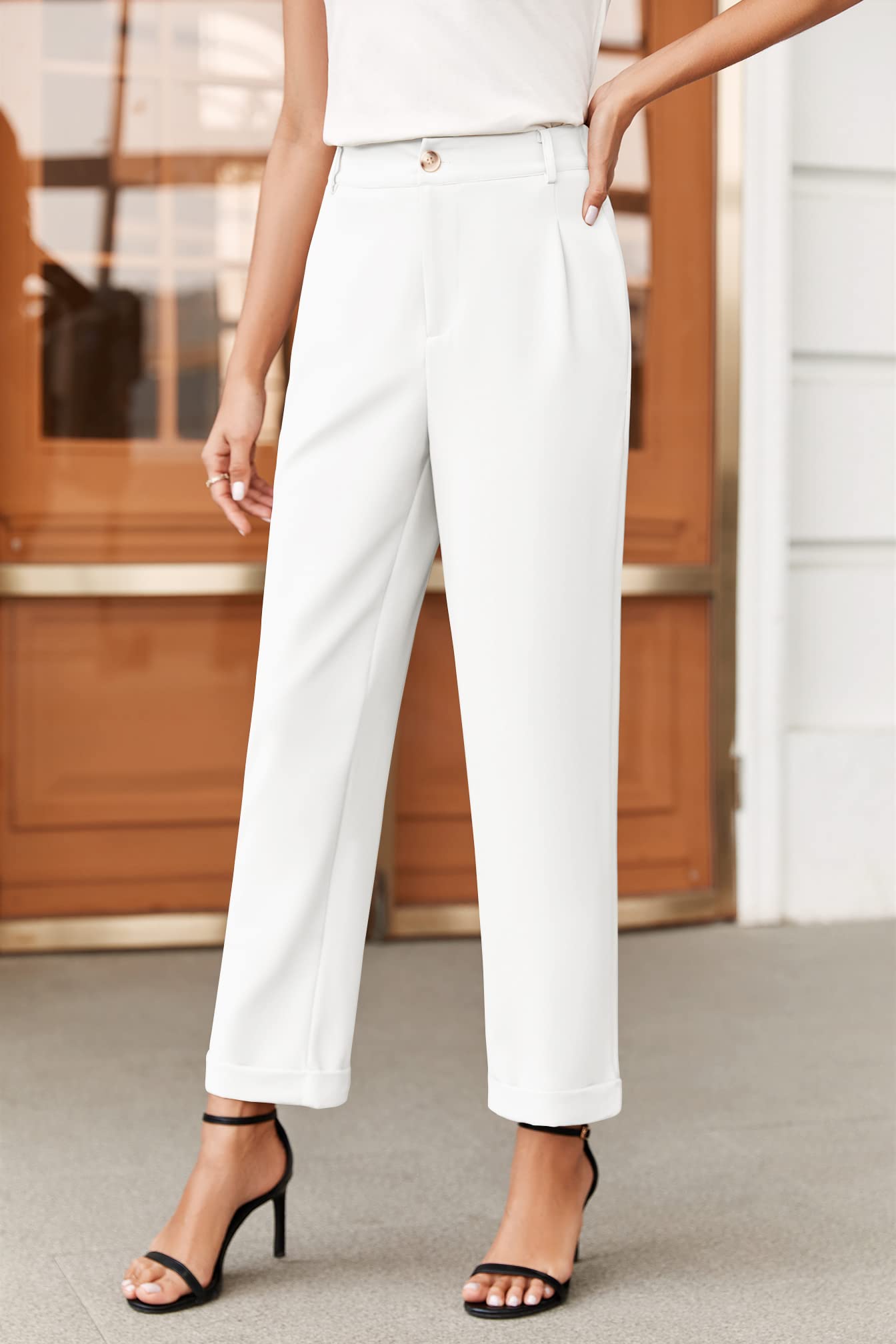 Febriajuce Women's High Elastic Waisted Dress Pants Button Down Pleated Work Pants Straight Leg Ankle Pants Office Trousers White