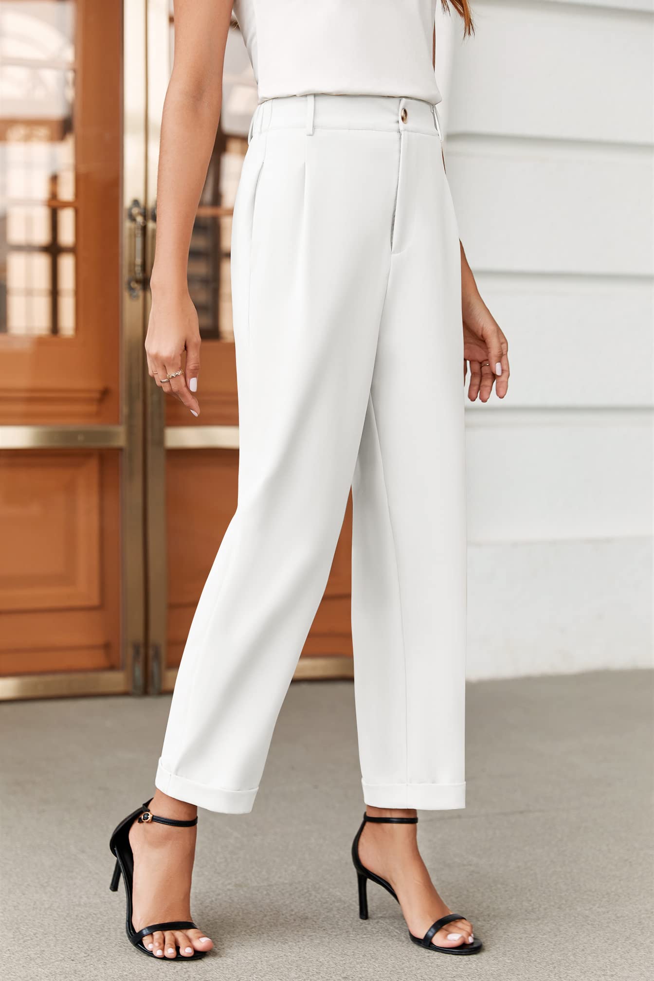 Febriajuce Women's High Elastic Waisted Dress Pants Button Down Pleated Work Pants Straight Leg Ankle Pants Office Trousers White