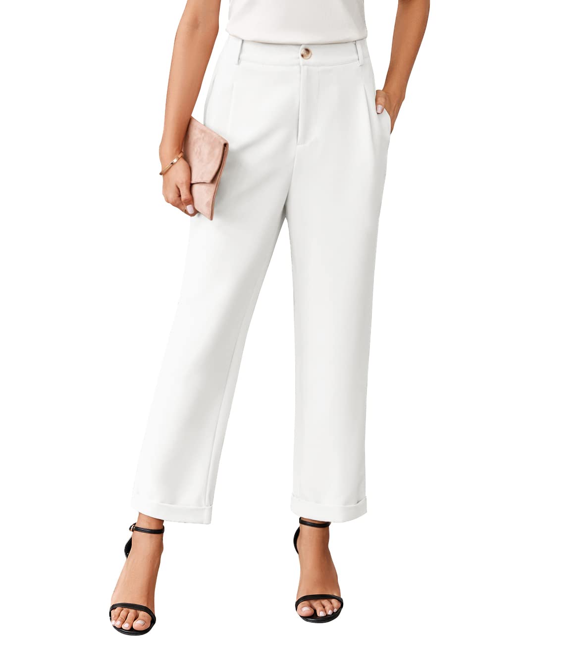 Febriajuce Women's High Elastic Waisted Dress Pants Button Down Pleated Work Pants Straight Leg Ankle Pants Office Trousers White