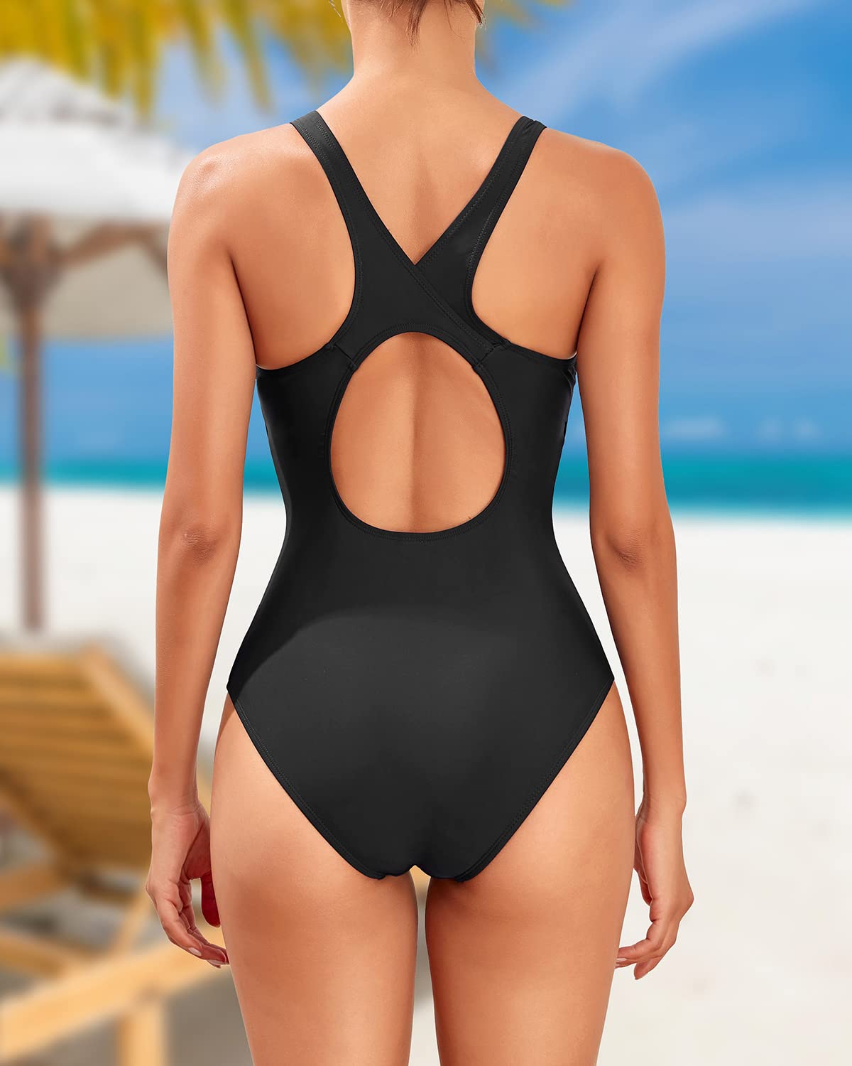 Tempt Me Black Women Athletic One Piece Swimsuits Sporty Racerback Bathing Suits Full Coverage Modest Swimwear M