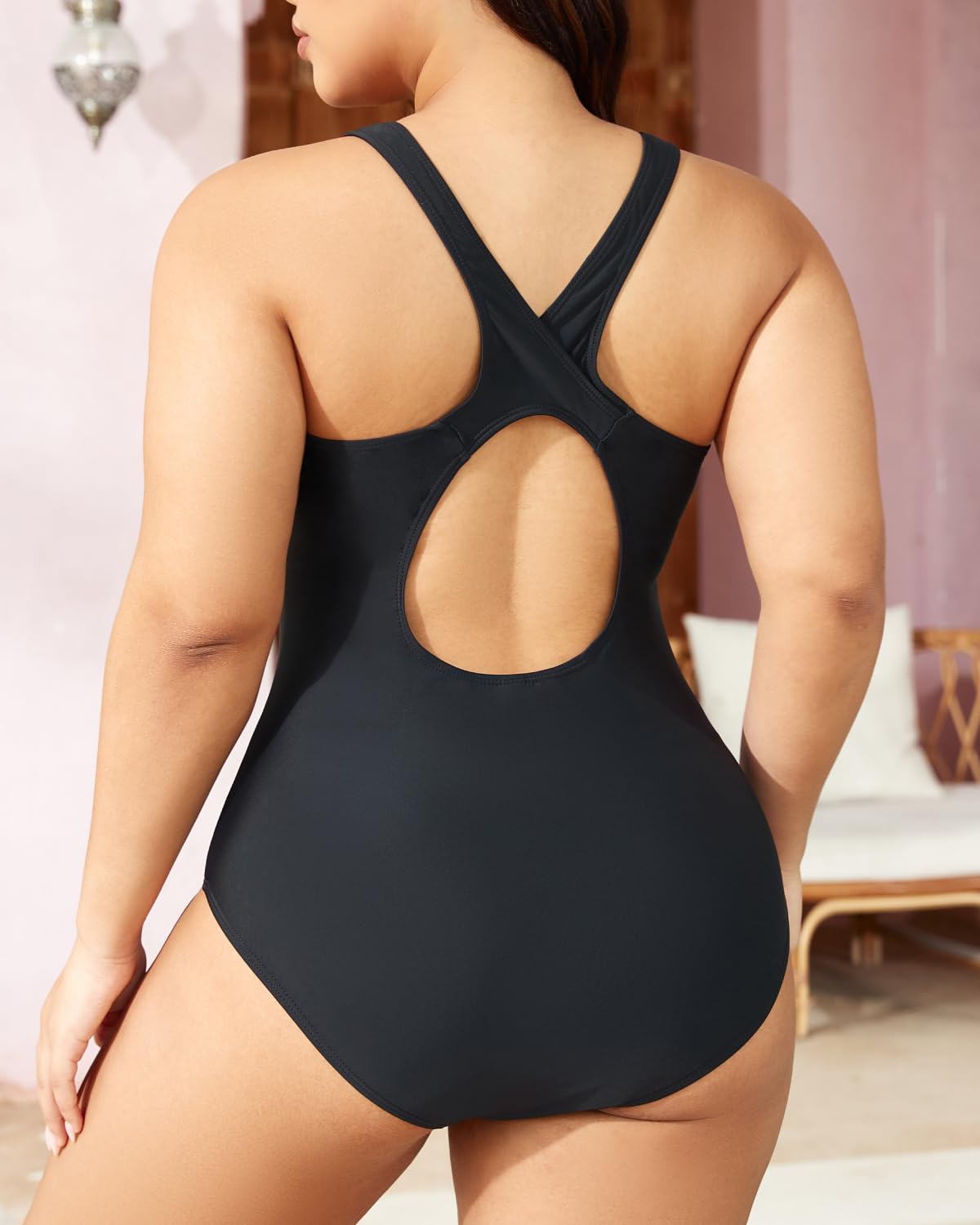 Tempt Me Black Women Athletic One Piece Swimsuits Sporty Racerback Bathing Suits Full Coverage Modest Swimwear M