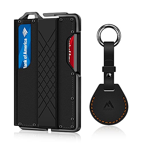 Tactical Minimalist Wallet for Men, Slim RFID-Blocking Metal Card Holder, Front Pocket Men’s Leather Dapper Bifold Wallet Money Clip with Airtag Keychain (Black AK)