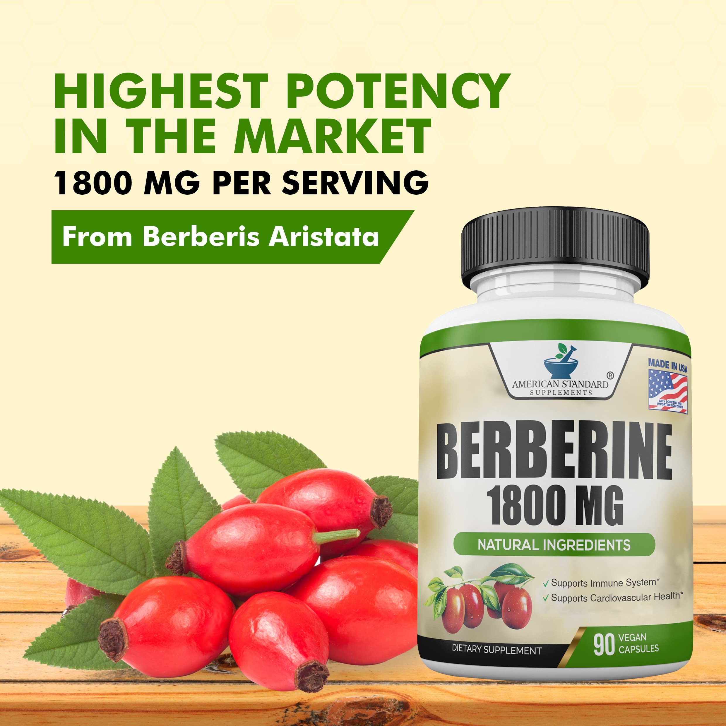 Berberine 1800mg Per Serving, Berberine Supplement, Berberine HCL, Berberine Pills, Berberine Capsules, Cardiovascular & Heart Health, Immune Support, 90 Veggie Capsules