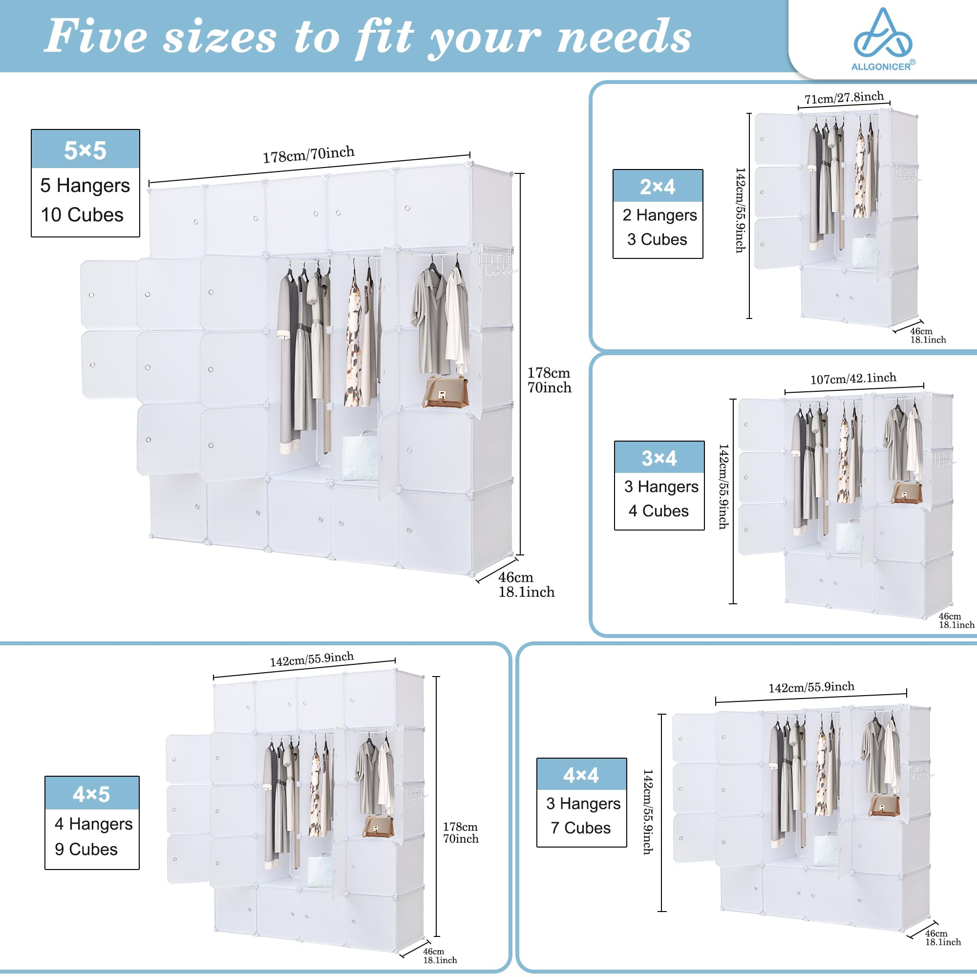 ALLGONICER DIY Assemble Wardrobe Closets, Clothes Dresser Storage Organizer,14"x18" Depth Cubes, Floor-Standing or Wall-Hanging, Sturdy and Weight Bearing with Patented Buckles. (2x4Cubes, White)