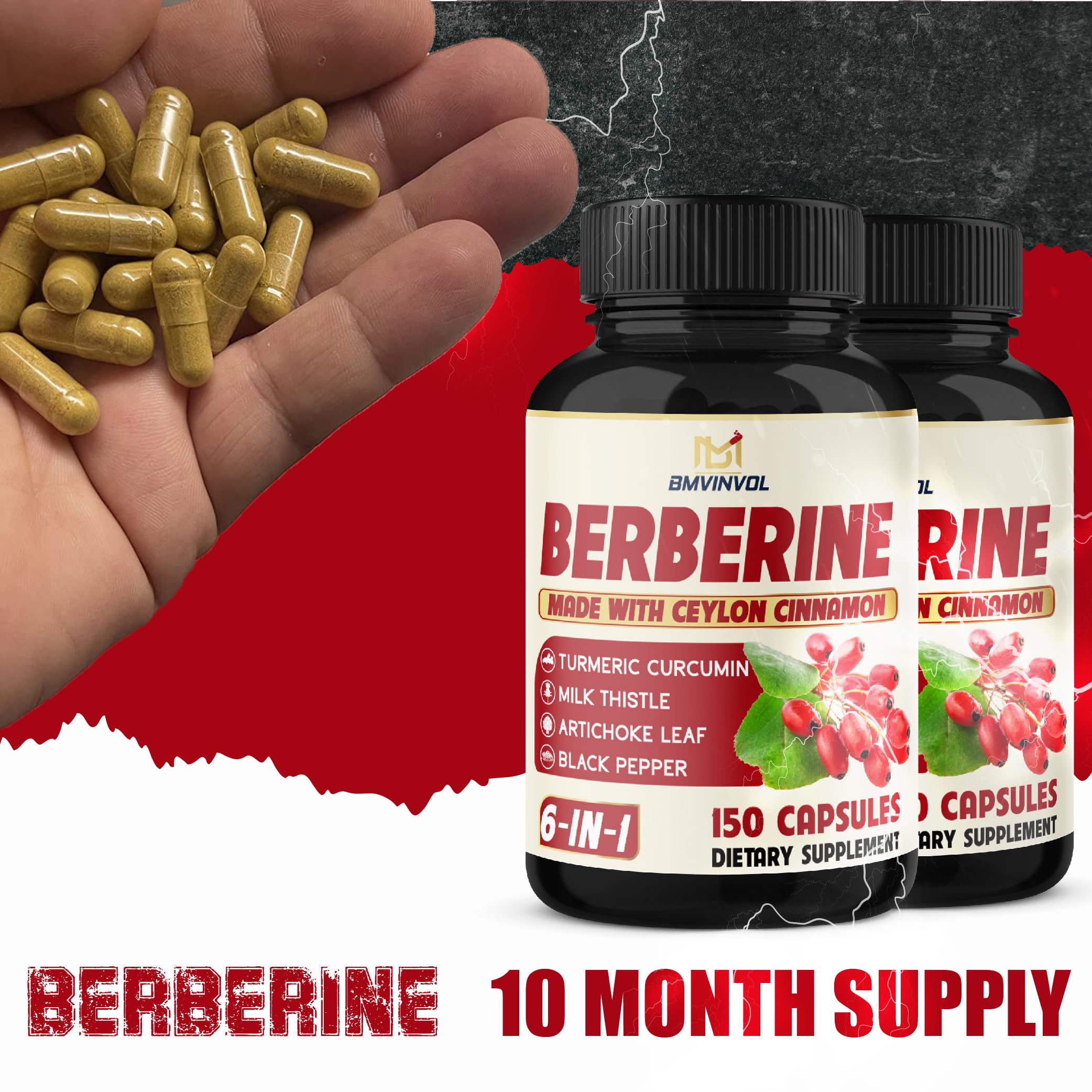 2 Pack Berberine HCl- Plus Ceylon Cinnamon, Turmeric, Milk Thistle, Artichoke, Black Pepper, Berberine HCI Root Supplements Pills - Immune System