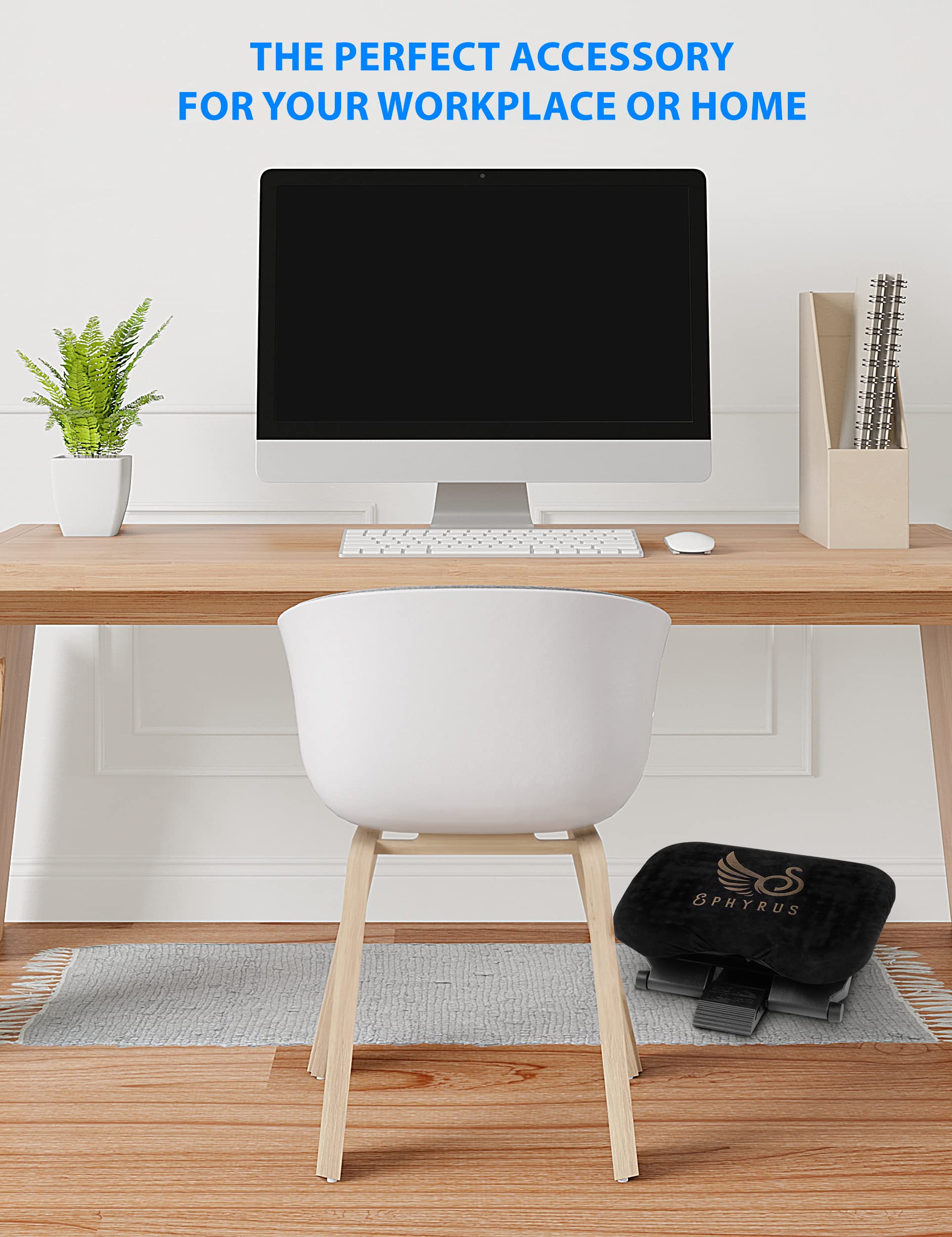 Ephyrus Adjustable Under Desk Footrest - Ergonomic Black Foot Rest with 3 Height Position - 30 Degree Tilt Angle Adjustment for Home, Office with Massage Surface for Improved Circulation and Posture