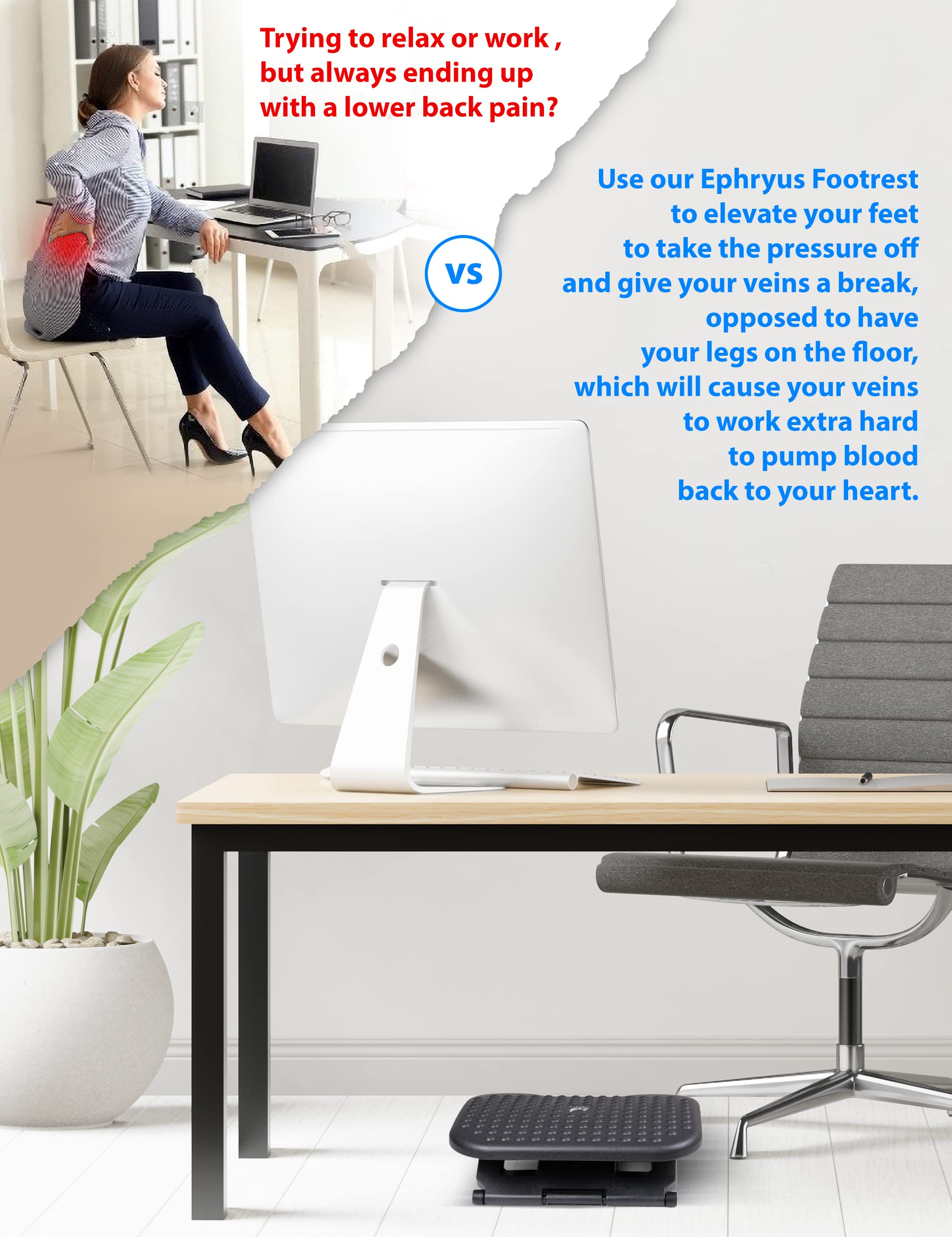 Ephyrus Adjustable Under Desk Footrest - Ergonomic Black Foot Rest with 3 Height Position - 30 Degree Tilt Angle Adjustment for Home, Office with Massage Surface for Improved Circulation and Posture