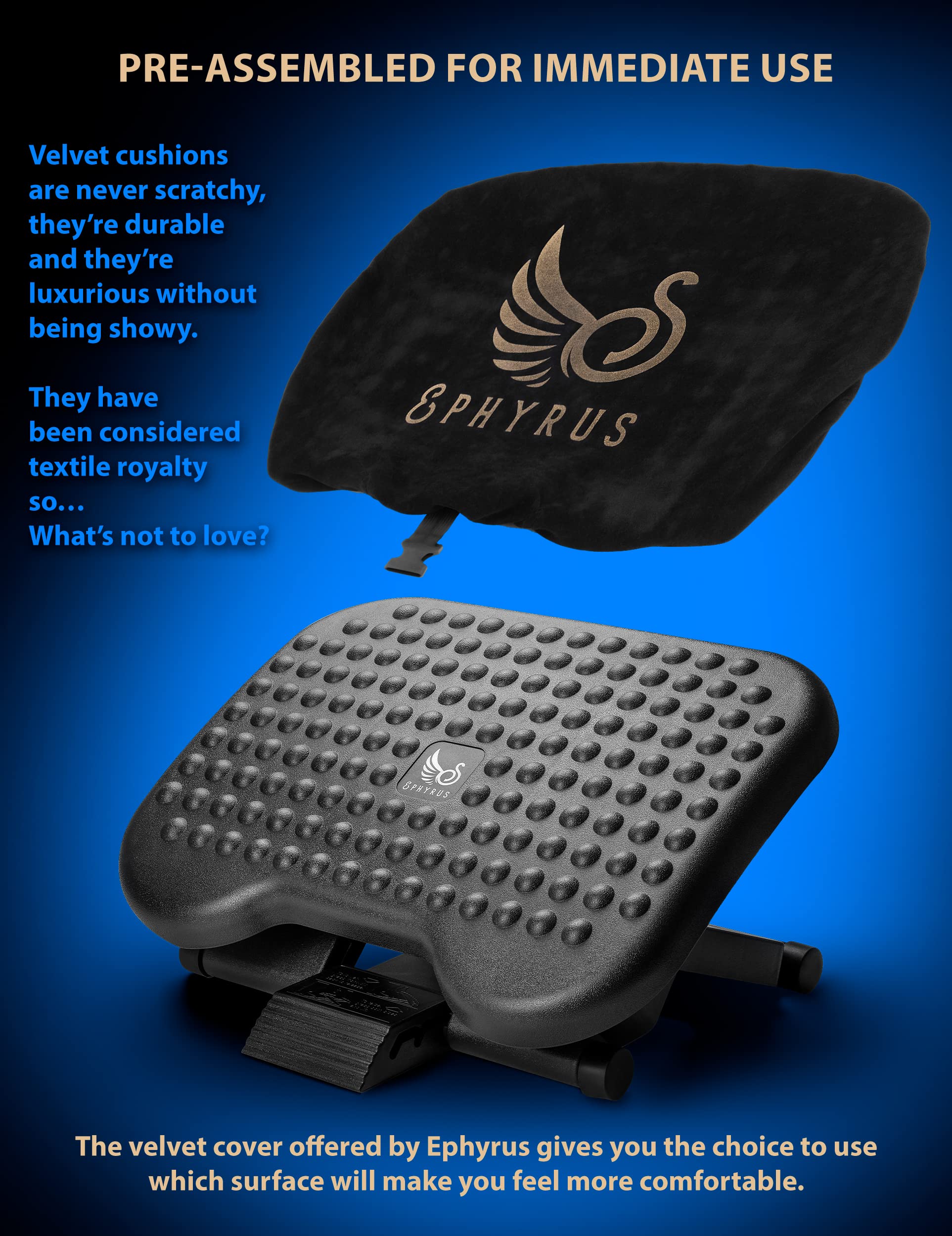 Ephyrus Adjustable Under Desk Footrest - Ergonomic Black Foot Rest with 3 Height Position - 30 Degree Tilt Angle Adjustment for Home, Office with Massage Surface for Improved Circulation and Posture