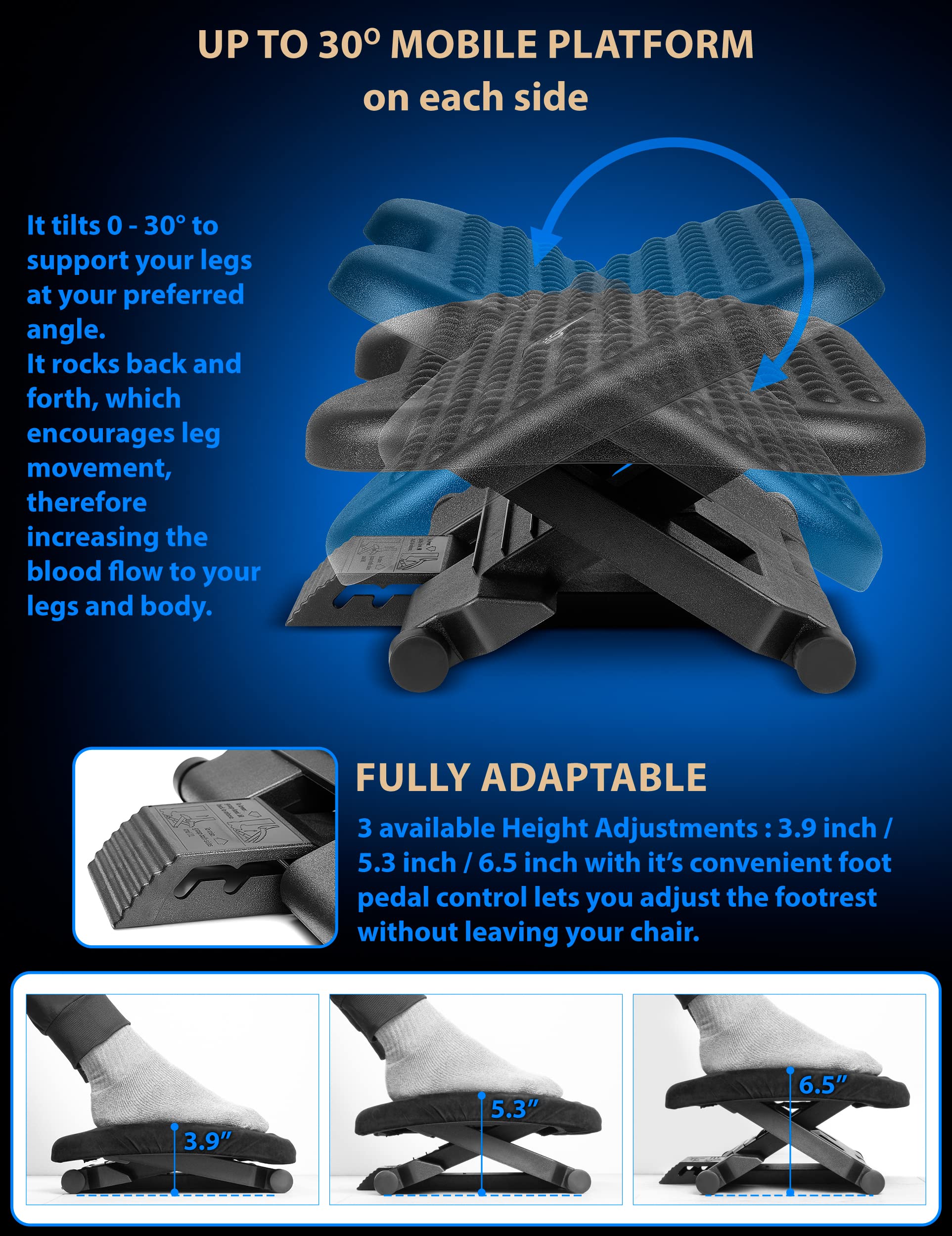 Ephyrus Adjustable Under Desk Footrest - Ergonomic Black Foot Rest with 3 Height Position - 30 Degree Tilt Angle Adjustment for Home, Office with Massage Surface for Improved Circulation and Posture