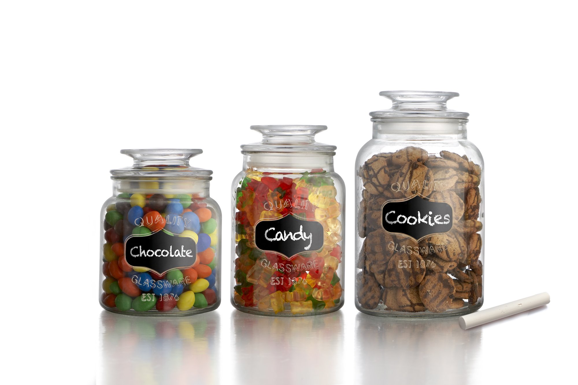 American Atelier Canister Set 3-Piece Glass Jars in 33oz, 44oz & 60oz Chic Retro w/ Airtight Lids, Chalkboard, for Cookies, Candy, Coffee, Flour, Sugar, Rice, Pasta, Cereal & More, Clear