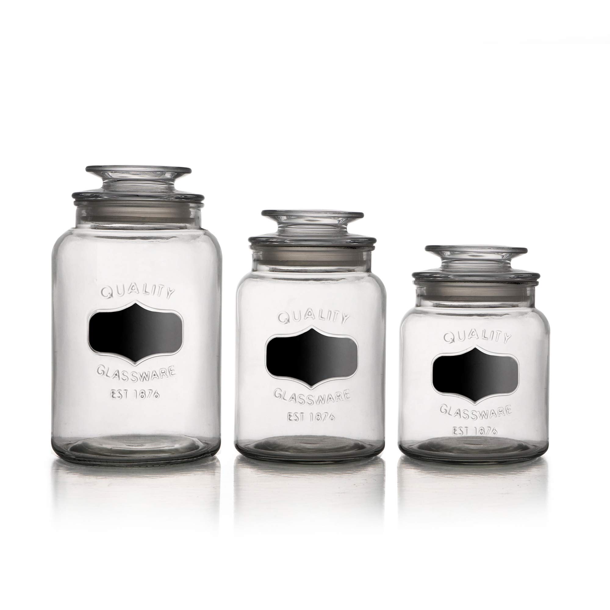 American Atelier Canister Set 3-Piece Glass Jars in 33oz, 44oz & 60oz Chic Retro w/ Airtight Lids, Chalkboard, for Cookies, Candy, Coffee, Flour, Sugar, Rice, Pasta, Cereal & More, Clear