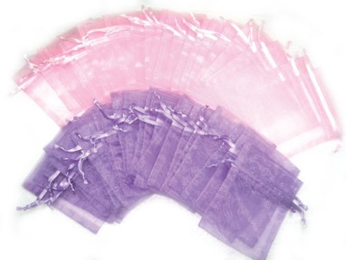 Embolden Jewelry 25 Pink and 25 Lavender Purple Organza Bags - 2.75 By 3 Inch Party Favor Small Gift Drawstring Pouch Wedding Bridal Baby Shower Girl Birthday Supplies Decorations