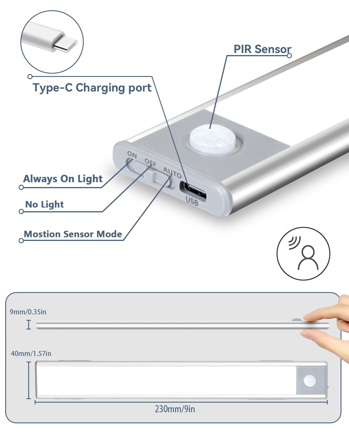 9in Motion Sensor Under Cabinet Lights Wireless, 1500mAh Battery Operated Counter Light Rechargeable Type-C USB,Ultra Thin Cabinet Lighting for Kitchen,Bedroom,Stair,Wardrobe,Cupboard(Warm White) 2Pcs