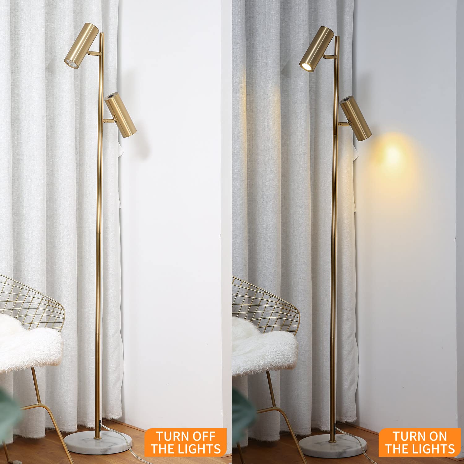 Hsyile Lighting KU300211 Cozy Elegant Modern Creative Bedroom & Living Room Floor Lamp,Tall Pole Uplight for Office - with Bulb - Brass Finish - Adjustable Tree Floor Lamp with 2 Bulbs