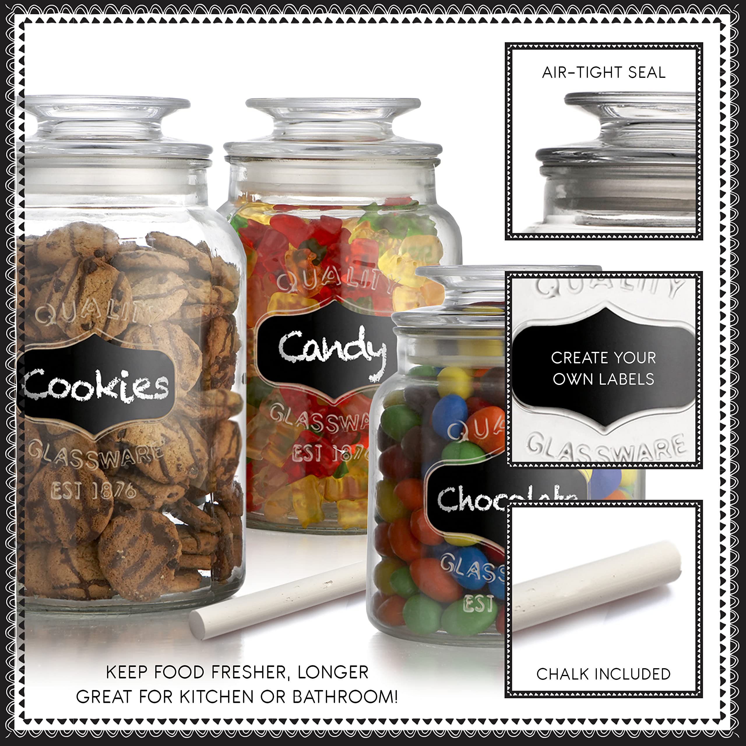 American Atelier Canister Set 3-Piece Glass Jars in 33oz, 44oz & 60oz Chic Retro w/ Airtight Lids, Chalkboard, for Cookies, Candy, Coffee, Flour, Sugar, Rice, Pasta, Cereal & More, Clear