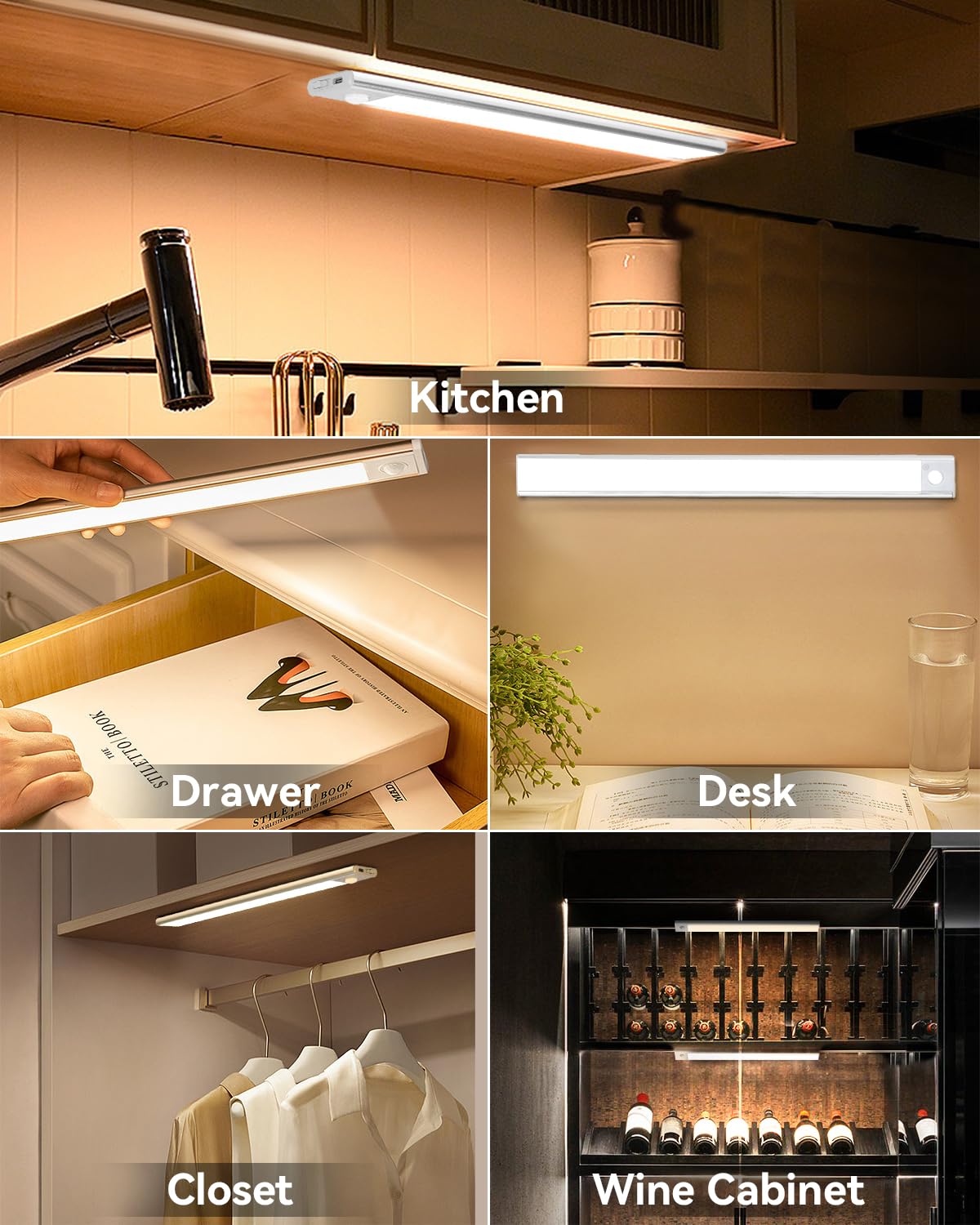 9in Motion Sensor Under Cabinet Lights Wireless, 1500mAh Battery Operated Counter Light Rechargeable Type-C USB,Ultra Thin Cabinet Lighting for Kitchen,Bedroom,Stair,Wardrobe,Cupboard(Warm White) 2Pcs