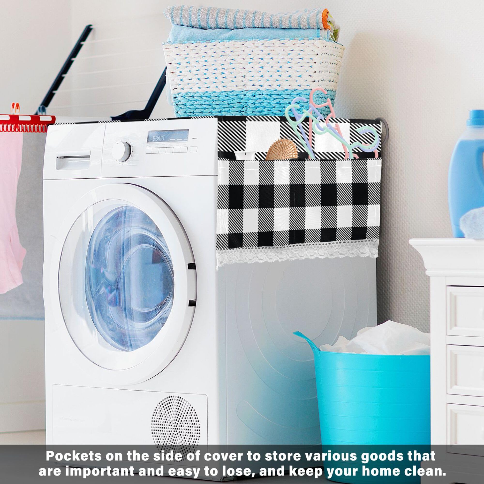 Black White Plaid Laundry Machine Cover Buffalo Checkers Plaids Dryer Top Covers Anti-Slip Fridge Dust Cover, Roller Washing Machine Top Cover Load With 4 Storage Bags
