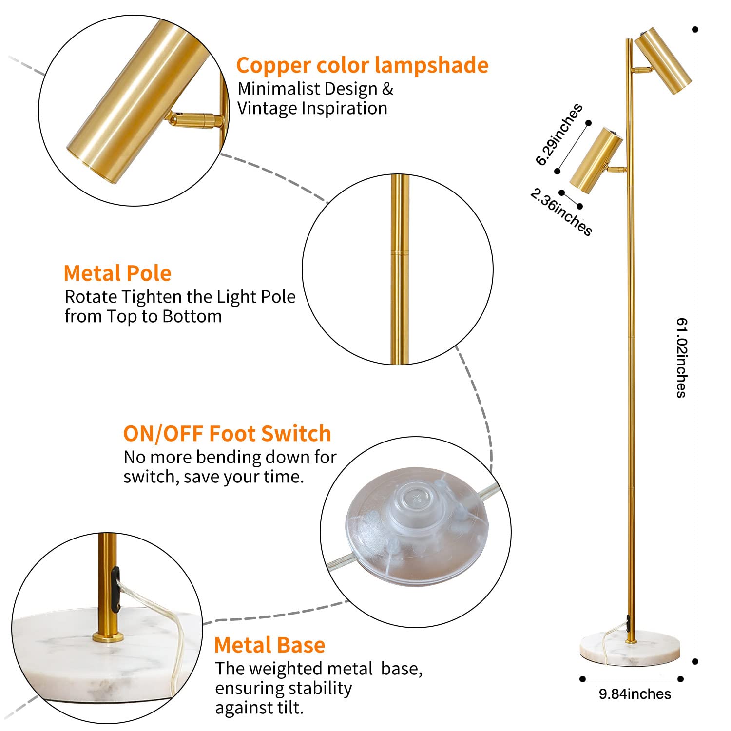 Hsyile Lighting KU300211 Cozy Elegant Modern Creative Bedroom & Living Room Floor Lamp,Tall Pole Uplight for Office - with Bulb - Brass Finish - Adjustable Tree Floor Lamp with 2 Bulbs