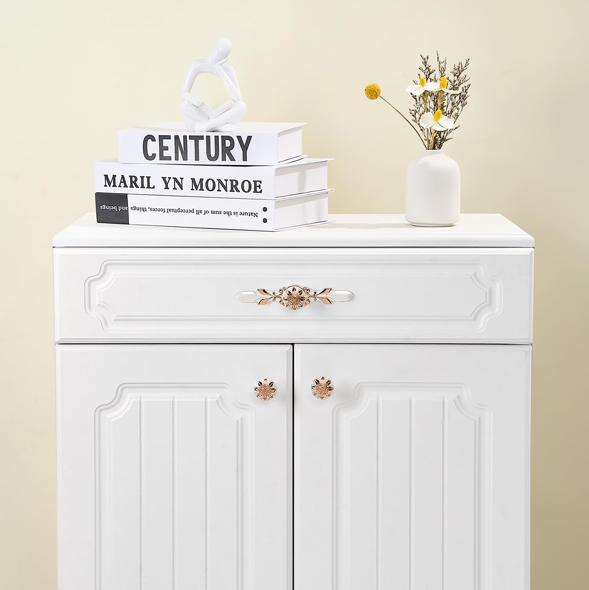 Aandxmok 10 Pack Round Ivory White Gold Knobs and Plates - 1.16β Knob & 5.8β Plate - Boho Cabinet Knobs for House Furnitures Decorative Flower Look, Metal Cabinet Desk Knobs