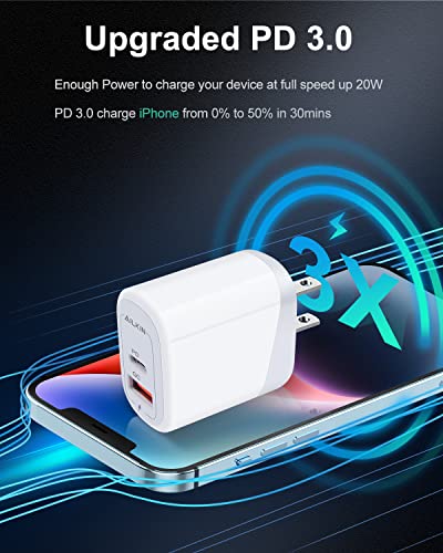 USB C Charger Block 3Pack, AILKIN 20W PD+QC 3.0 Dual Port Power Adapter, Type C Wall Charger Station Travel Box for iPhone 14 Plus 13 Pro Max 12 11 XS XR SE, iPad Mini, AirPods, Apple Watch, USBC Plug