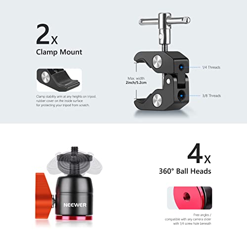 Neewer Camera Slider Support Arm Stabilizer, 2-Pack Adjustable Tripod Stability Arm for Increasing Stability in Aluminum Alloy, Extendable Poles for Camera Video Slider Rail with C Clamps and BallHead