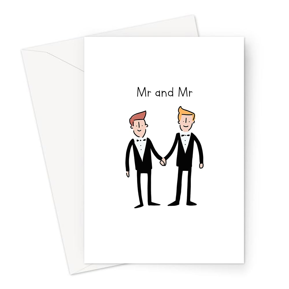 Mr and Mr Greeting Card | Gay Wedding Congratulations Card, LGBTQ+ Just Married Card, for Gay Couple, Two Grooms Holding Hands Just Married
