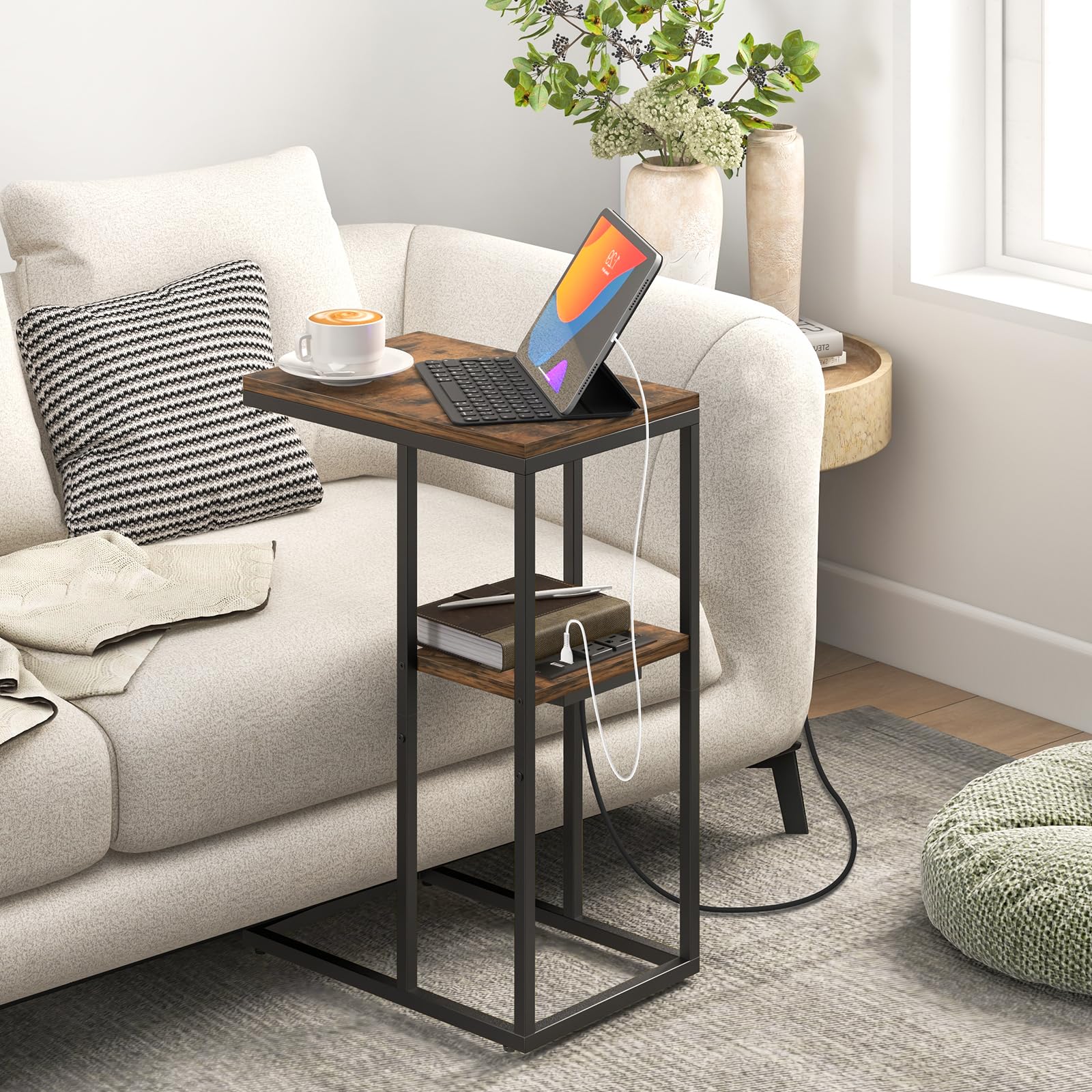 Yoobure C Shaped End Table with Charging Station, Small Side Tables for Living Room, Bedroom, Sofa Table with USB Ports and Outlets for Small Spaces, C Couch Table Rustic Snack Table Bed Side Table