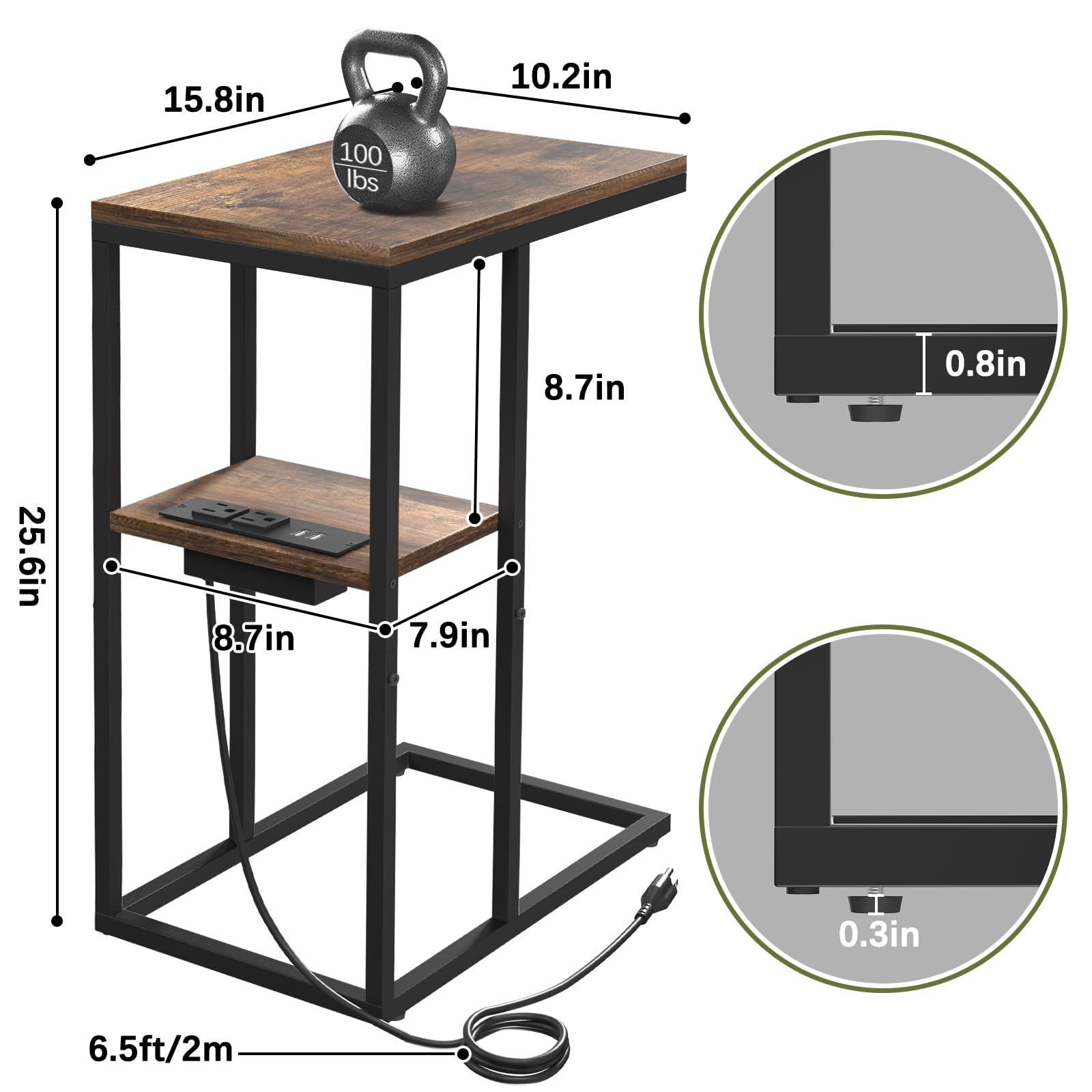 Yoobure C Shaped End Table with Charging Station, Small Side Tables for Living Room, Bedroom, Sofa Table with USB Ports and Outlets for Small Spaces, C Couch Table Rustic Snack Table Bed Side Table