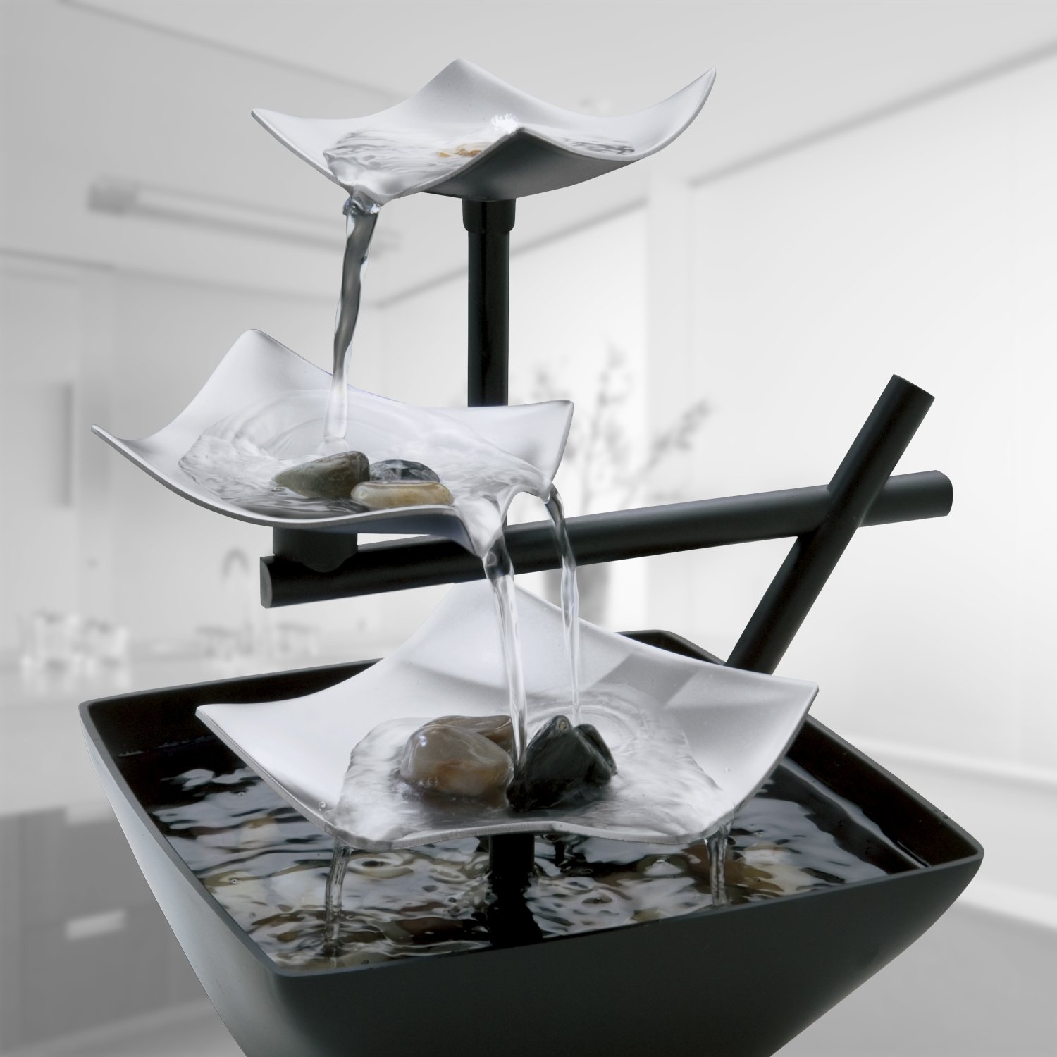 HoMedics Indoor 3-Tier Relaxation Tabletop Fountain, Automatic Pump with Power Switch, Extra Deep Basin with Natural River Rocks and Reflective Lighting Feature, EnviraScape Silver Springs