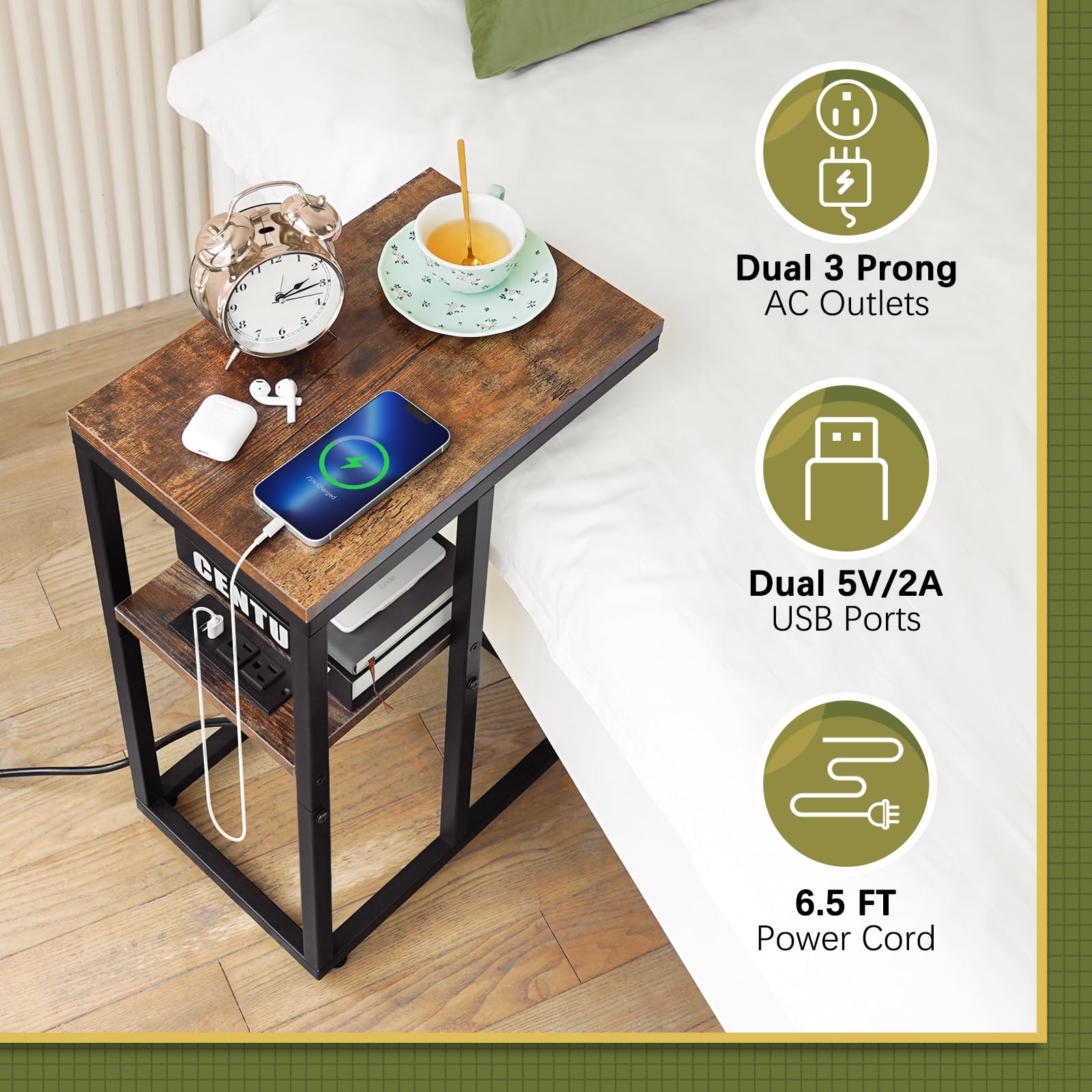 Yoobure C Shaped End Table with Charging Station, Small Side Tables for Living Room, Bedroom, Sofa Table with USB Ports and Outlets for Small Spaces, C Couch Table Rustic Snack Table Bed Side Table