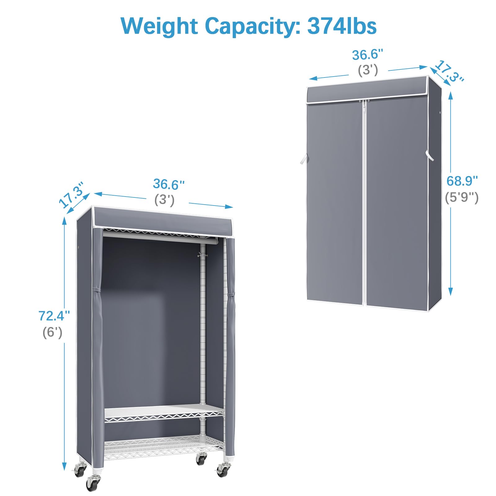 VIPEK R1C Portable Closet with Cover - Heavy Duty Freestanding Clothes Rack with Wheels & Hanging Rod, White with Gray Cover