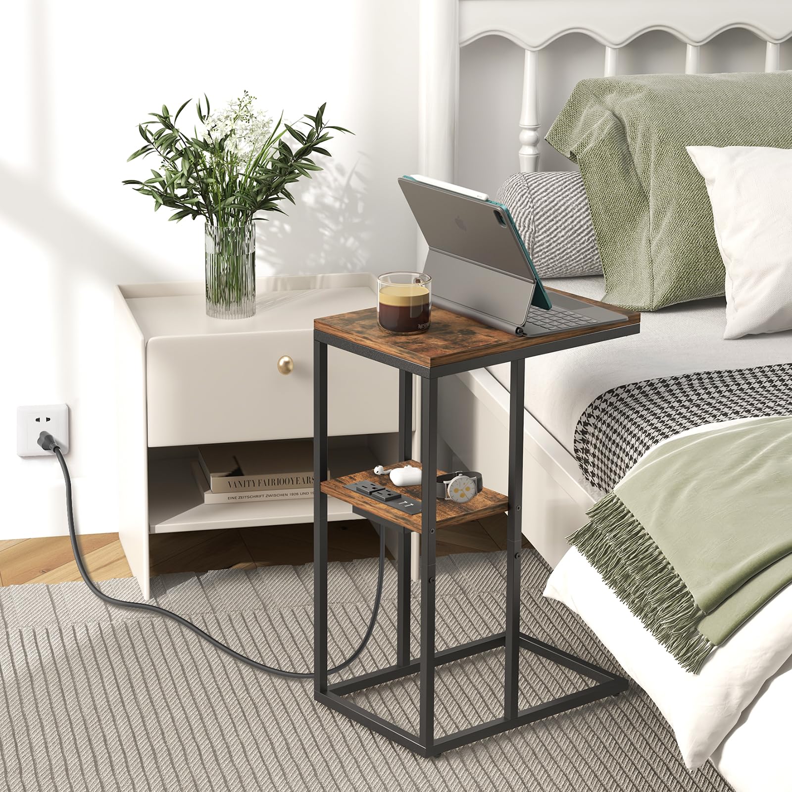 Yoobure C Shaped End Table with Charging Station, Small Side Tables for Living Room, Bedroom, Sofa Table with USB Ports and Outlets for Small Spaces, C Couch Table Rustic Snack Table Bed Side Table